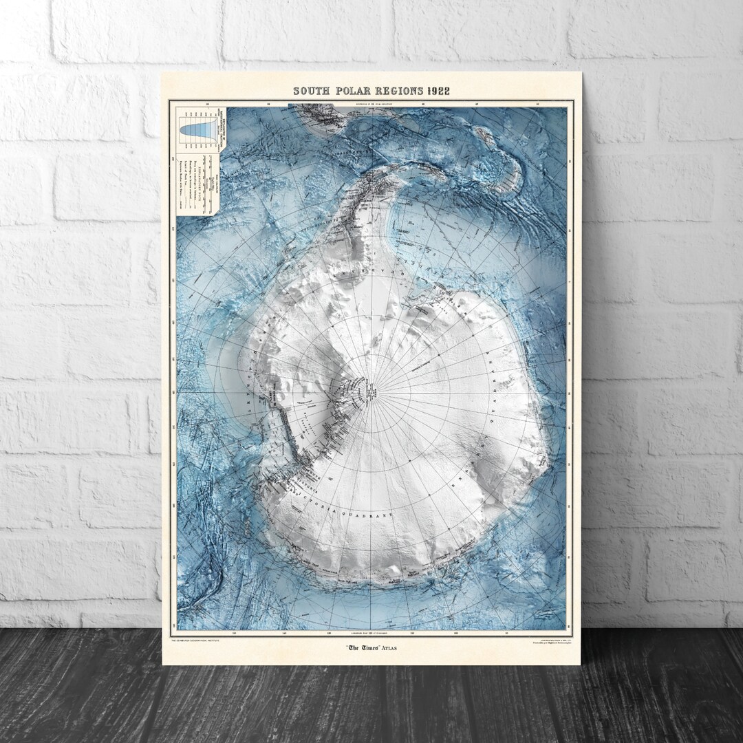 Antarctica Map - Vintage Style Print (1922) - South Pole Shaded Relief ...