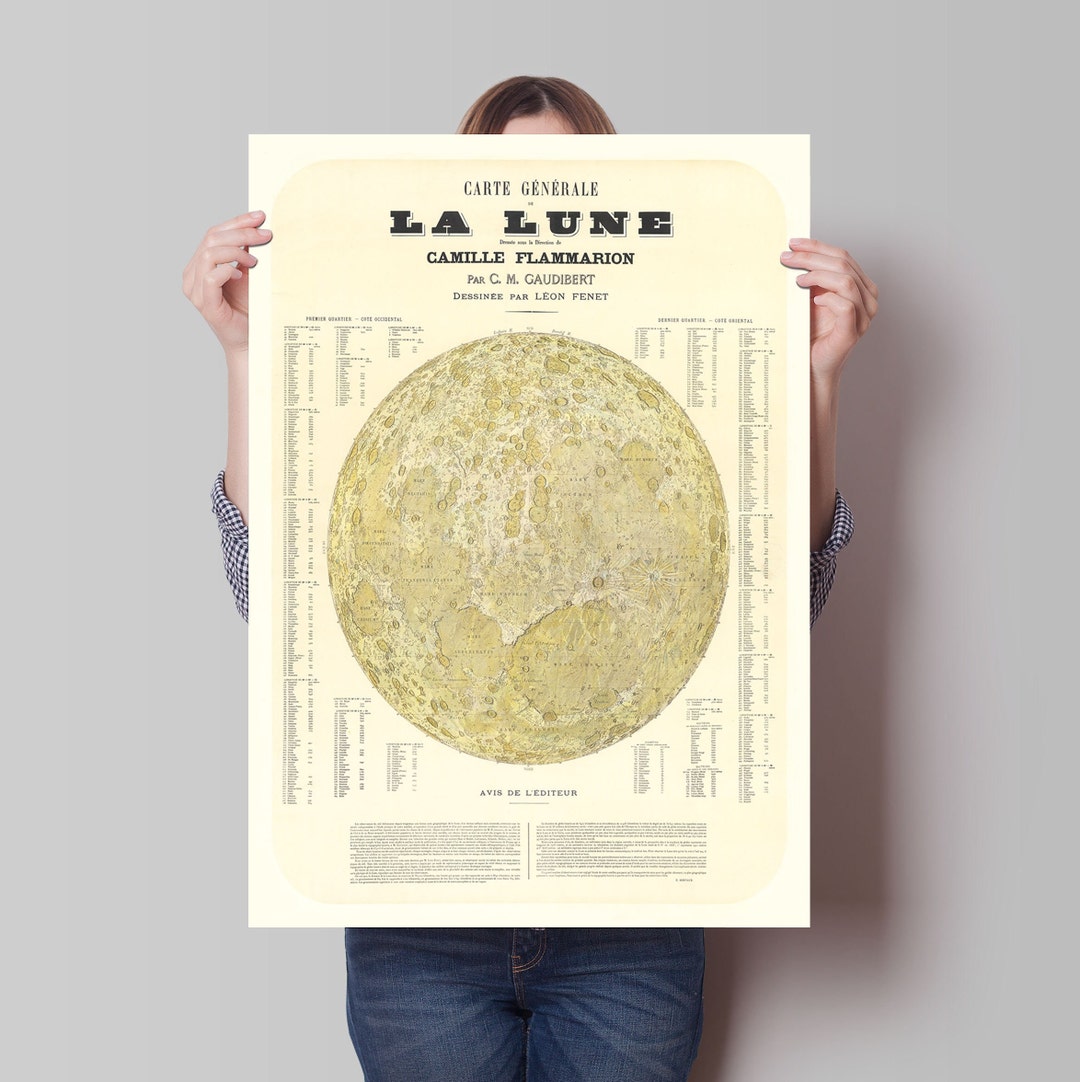 Moon Map Poster- Illustrated Print Showing Craters - Lunar Map - Carte ...