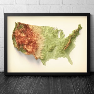 United States Art Relief Map - 2D Print - USA Geology - 2D Shaded ...