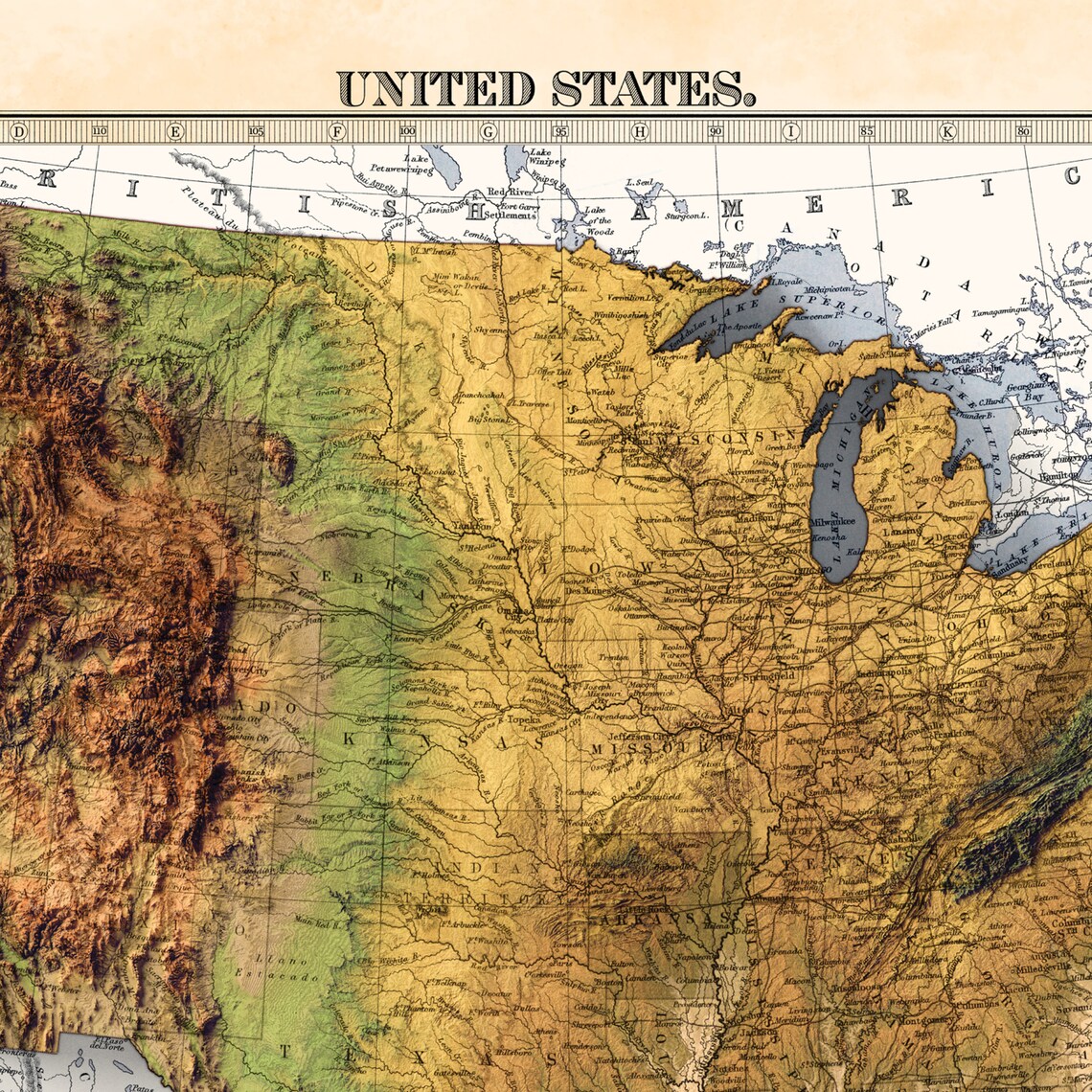 USA Terrain Relief Map - 2D Giclée Print - 3D Effect Shaded Relief ...