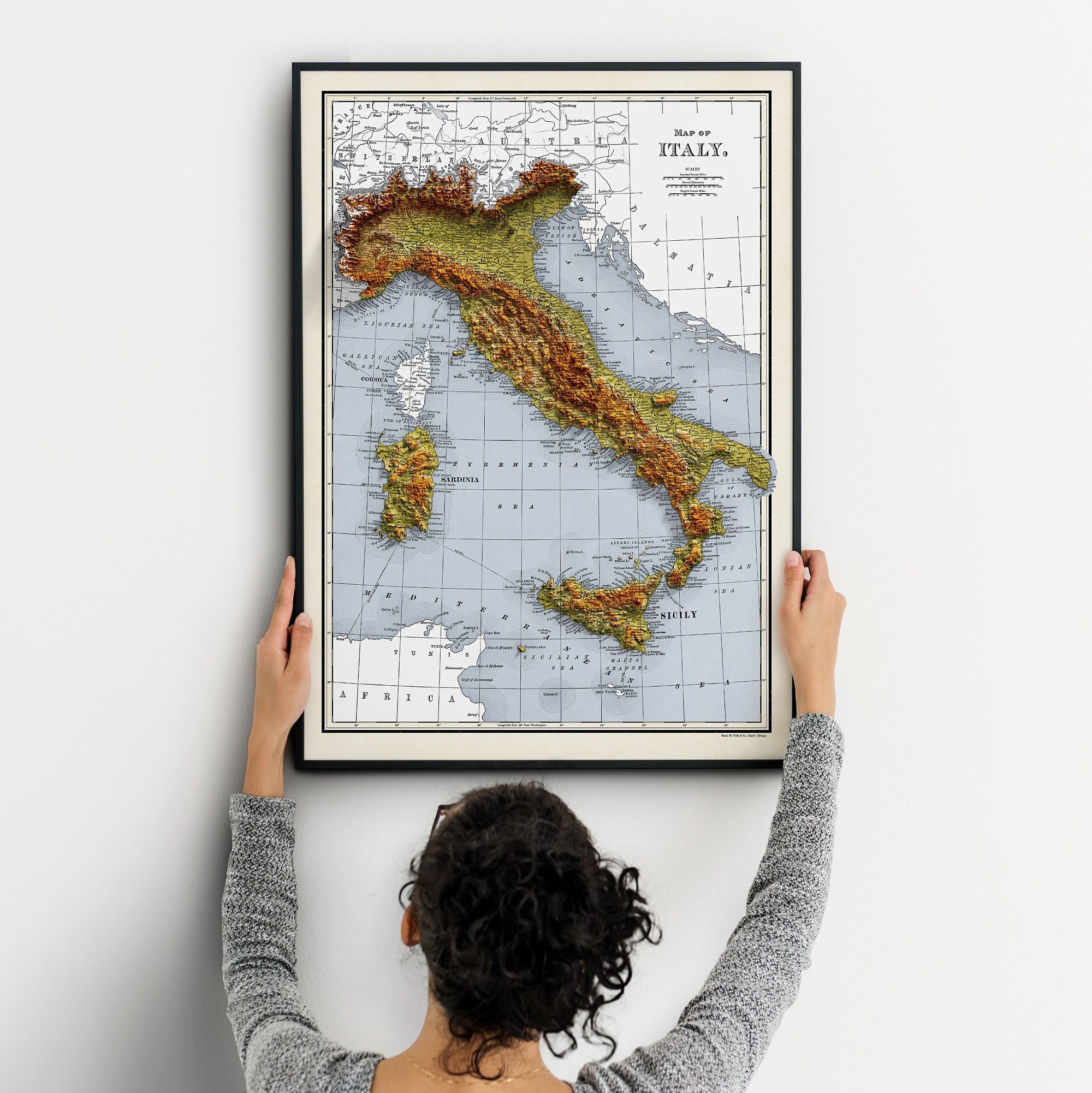 Italy Map - 1894 Vintage Italy Shaded Relief Map - 3D Illusion ...