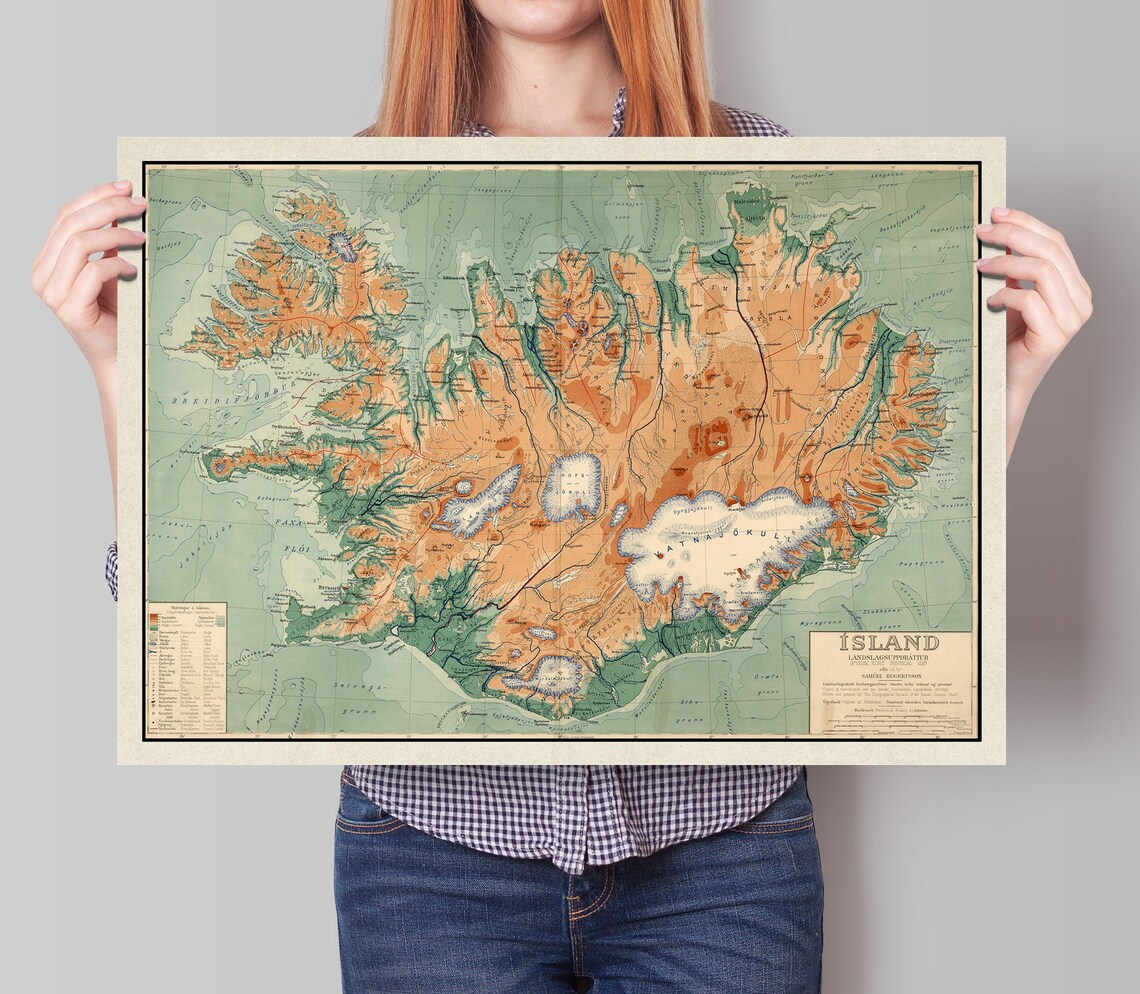 Old Map of Iceland Topological Nordic Print Reykjavik | Etsy
