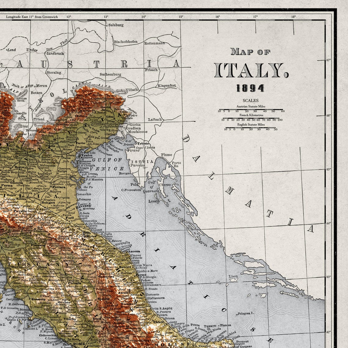 Italy Map - 1894 Vintage Italy Shaded Relief Map - Lombardy - Emilia ...