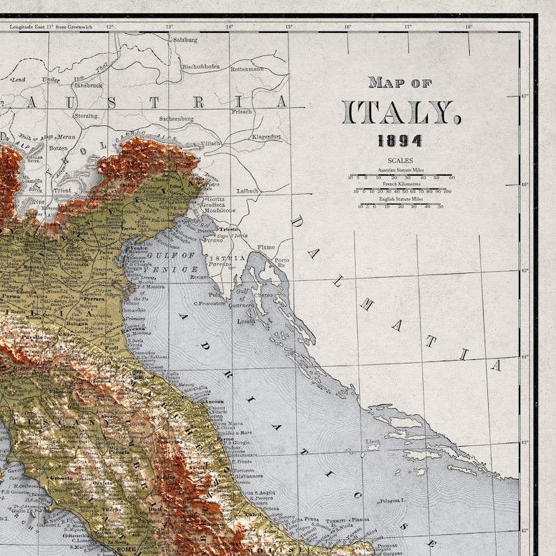 Italy Map - 1894 Vintage Italy Shaded Relief Map - Lombardy - Emilia ...