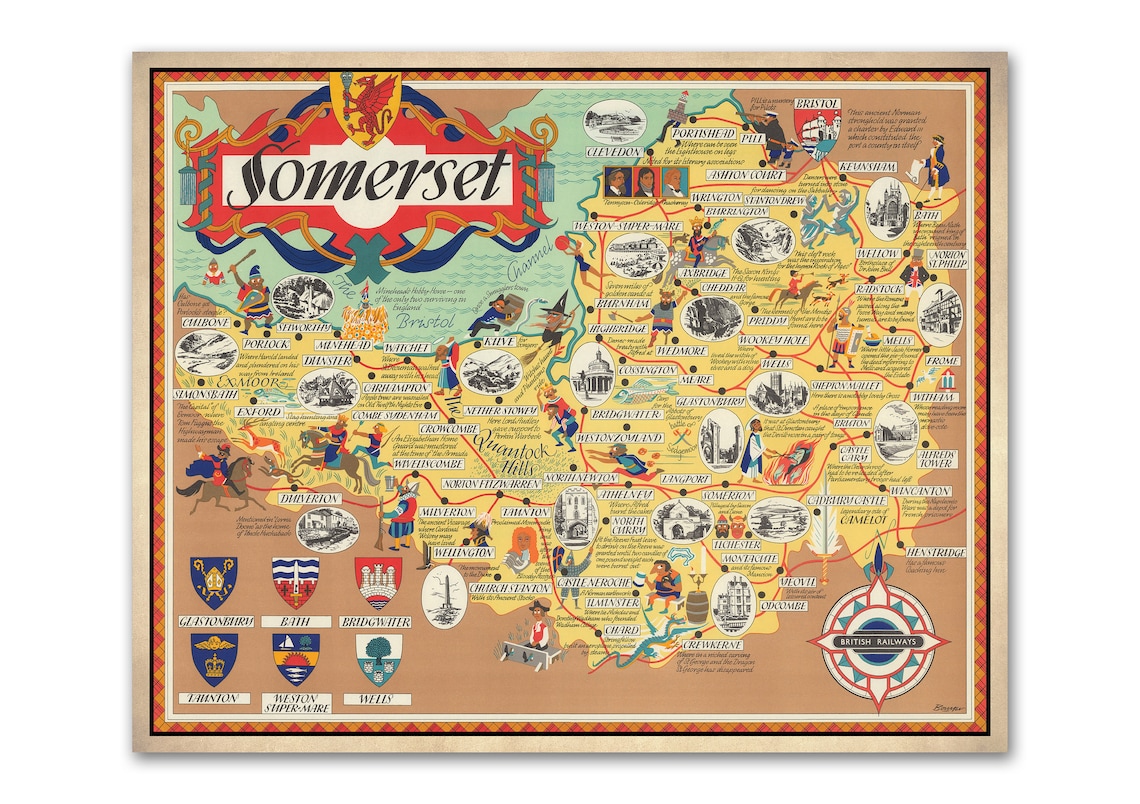 Somerset Map | Vintage Pictorial Poster | 1950 | Old Map Wall Print ...