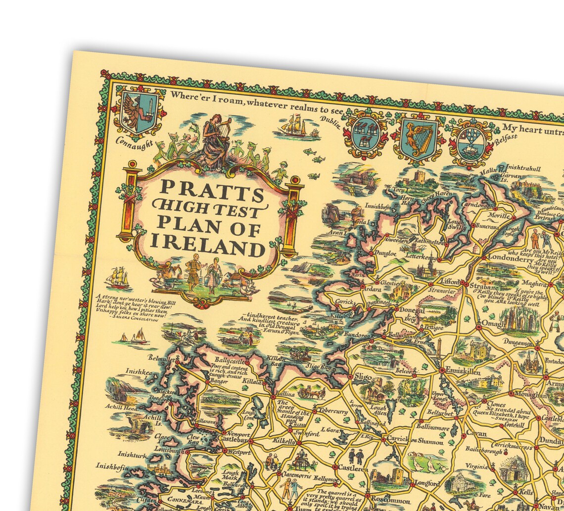 Old Map of Ireland, Vintage Pictorial Irish Map, Pratts High Test Plan ...
