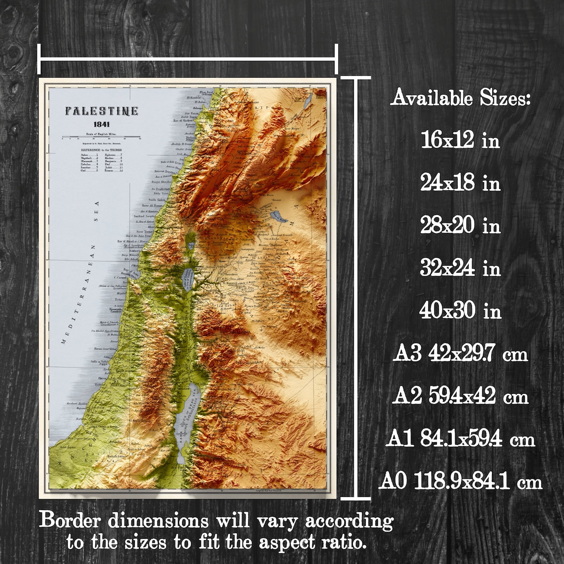 Palestine Map - Topographic Shaded Elevation Relief Map - Vintage Style ...