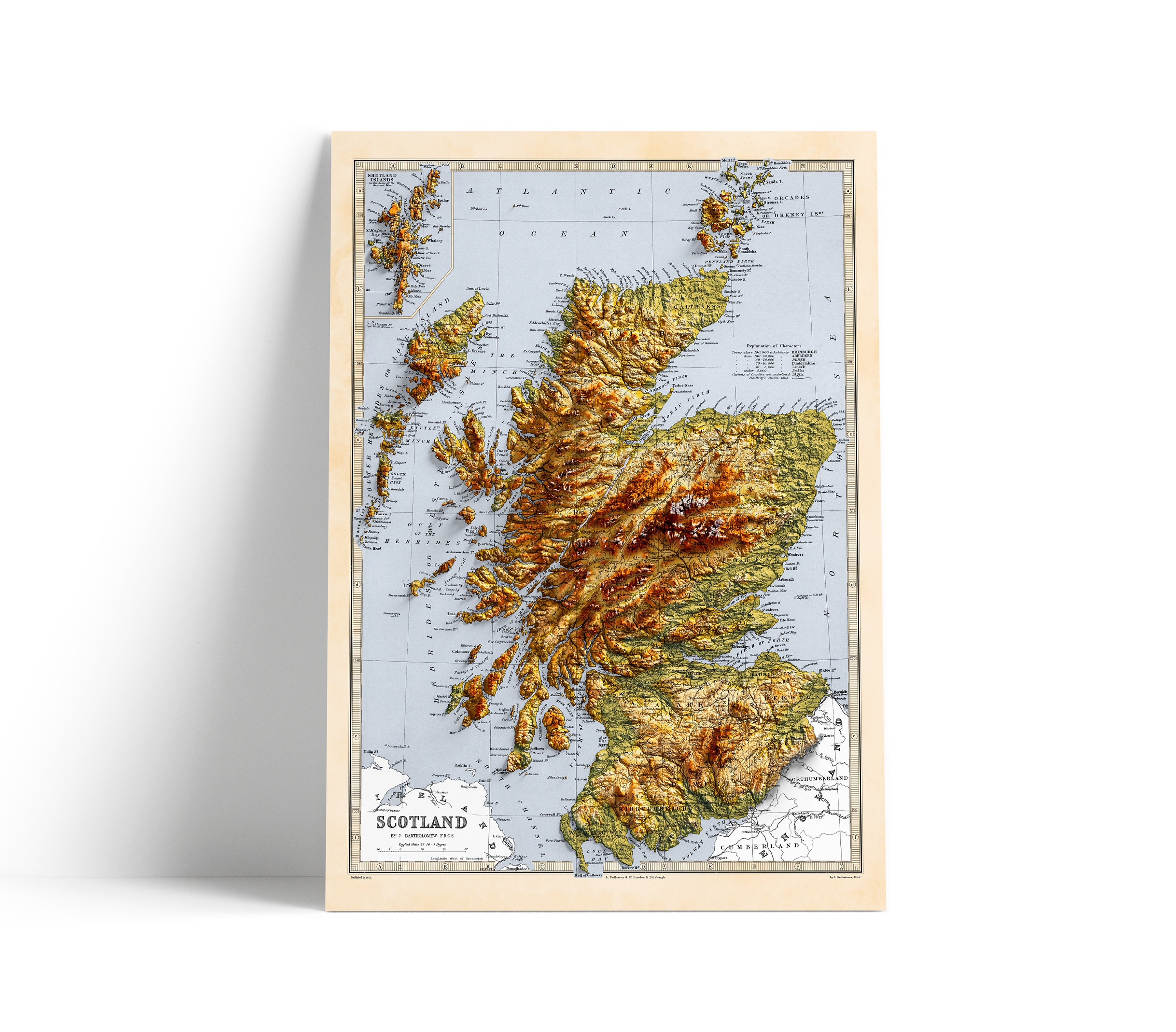 Vintage Map of Scotland - Topographic Bartholomew Map Print - 1871 - 2D ...