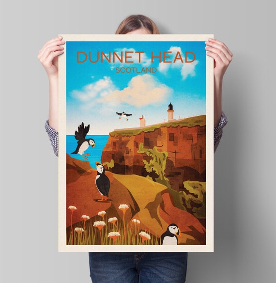 Dunnet Head Travel Poster Puffin Print Puffins and | Etsy