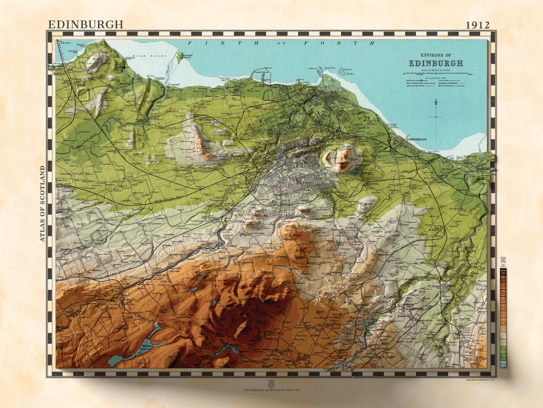 Edinburgh Map - Topographic Shaded Relief Map - Vintage Style - 2D ...