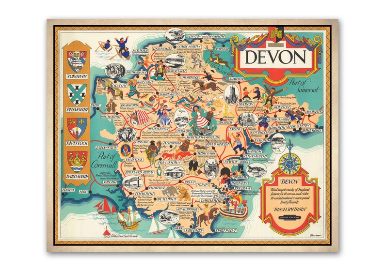 Devon Pictorial Map Vintage Antique 1950 Old Map Wall - Etsy UK