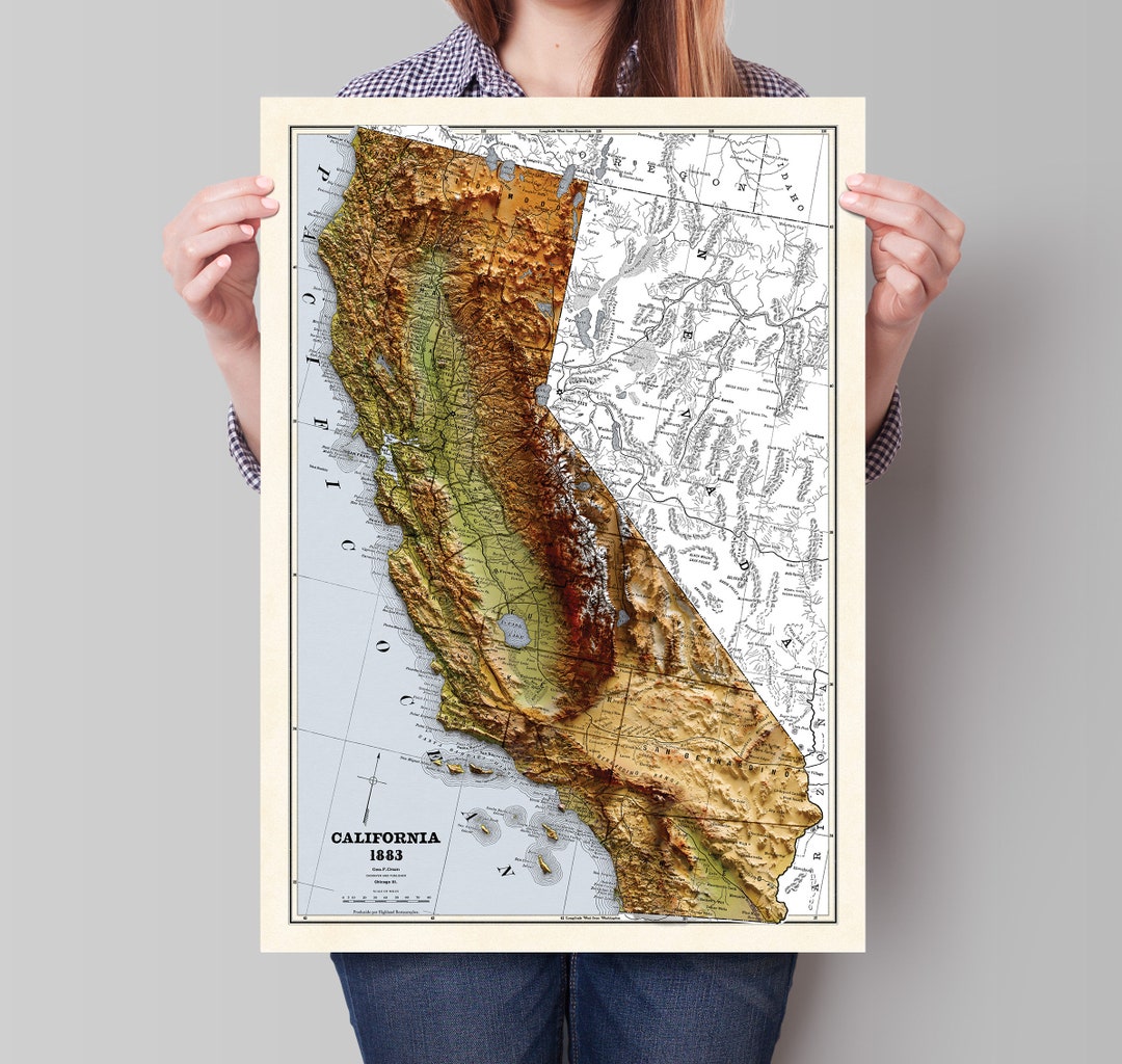 California Map - 1883 Vintage California Shaded Relief Map - 3D ...