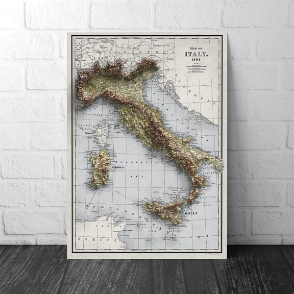 Shaded Relief Map of Italy - Etsy