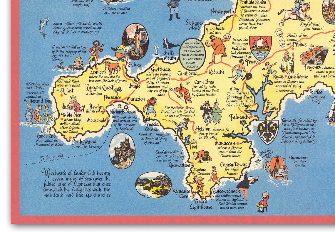 Cornwall, Stronghold of the Early Britons, Pictorial Map | Vintage ...