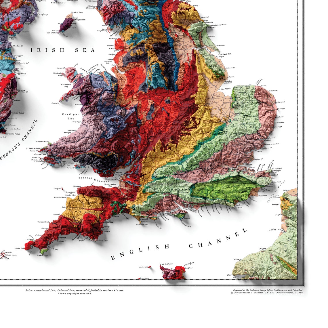 British Islands Geological Map - 3D Effect Relief Print (2D Map With 3D ...