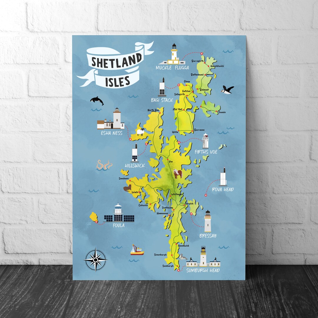 Shetland Isles Map | Pictorial Lighthouse Poster | the Shetlands ...