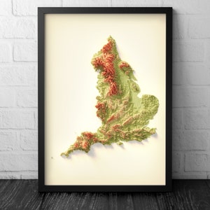 England Art Relief Map - 2D Print - English Geology - 2D Shaded Relief ...