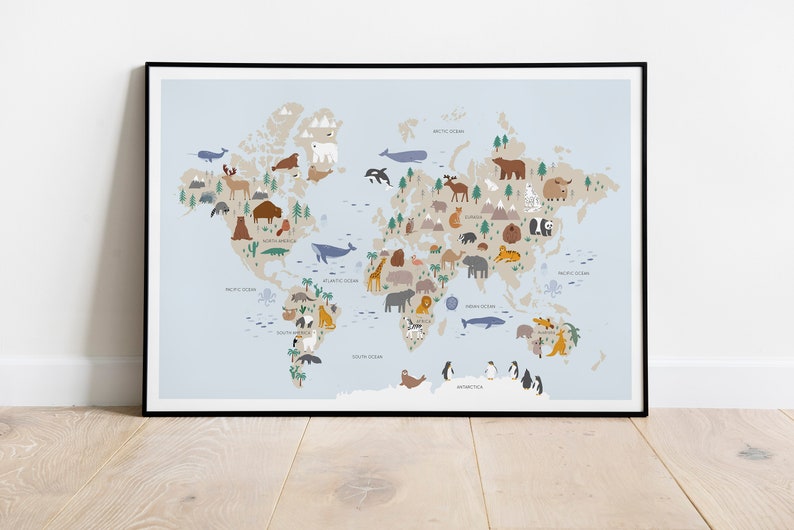 Animal Map of the World - Children's Map - Child's Gift - Kids Bedroom ...
