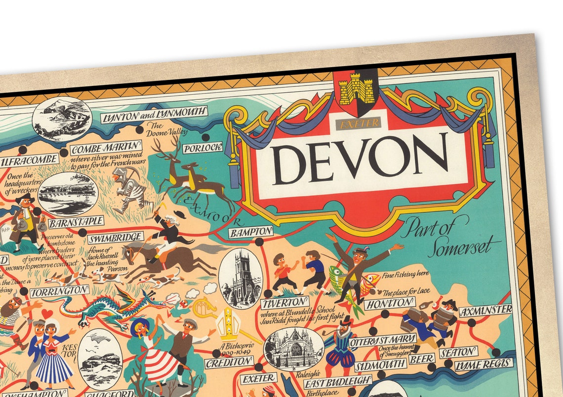 Devon Pictorial Map Vintage Antique 1950 Old Map Wall - Etsy UK