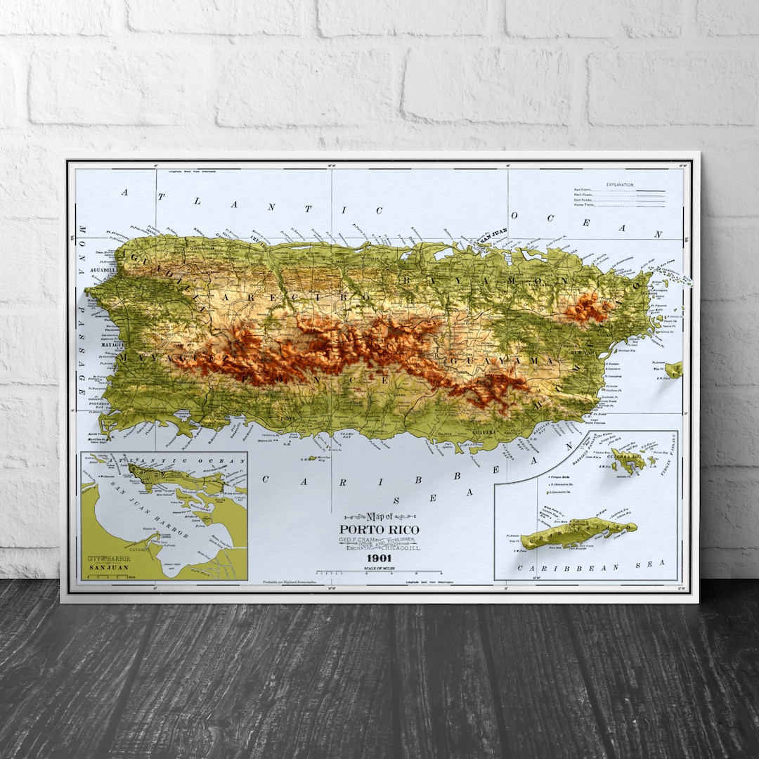 Puerto Rico Map - Vintage Style Print (1901) - Porto Rico Shaded Relief ...