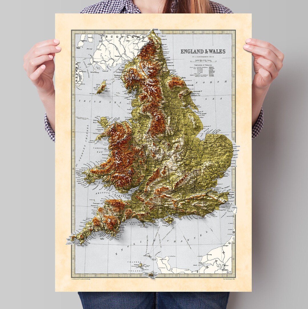 England and Wales Map - Elevation Map - 1871 - 2D Giclée Vintage Poster ...