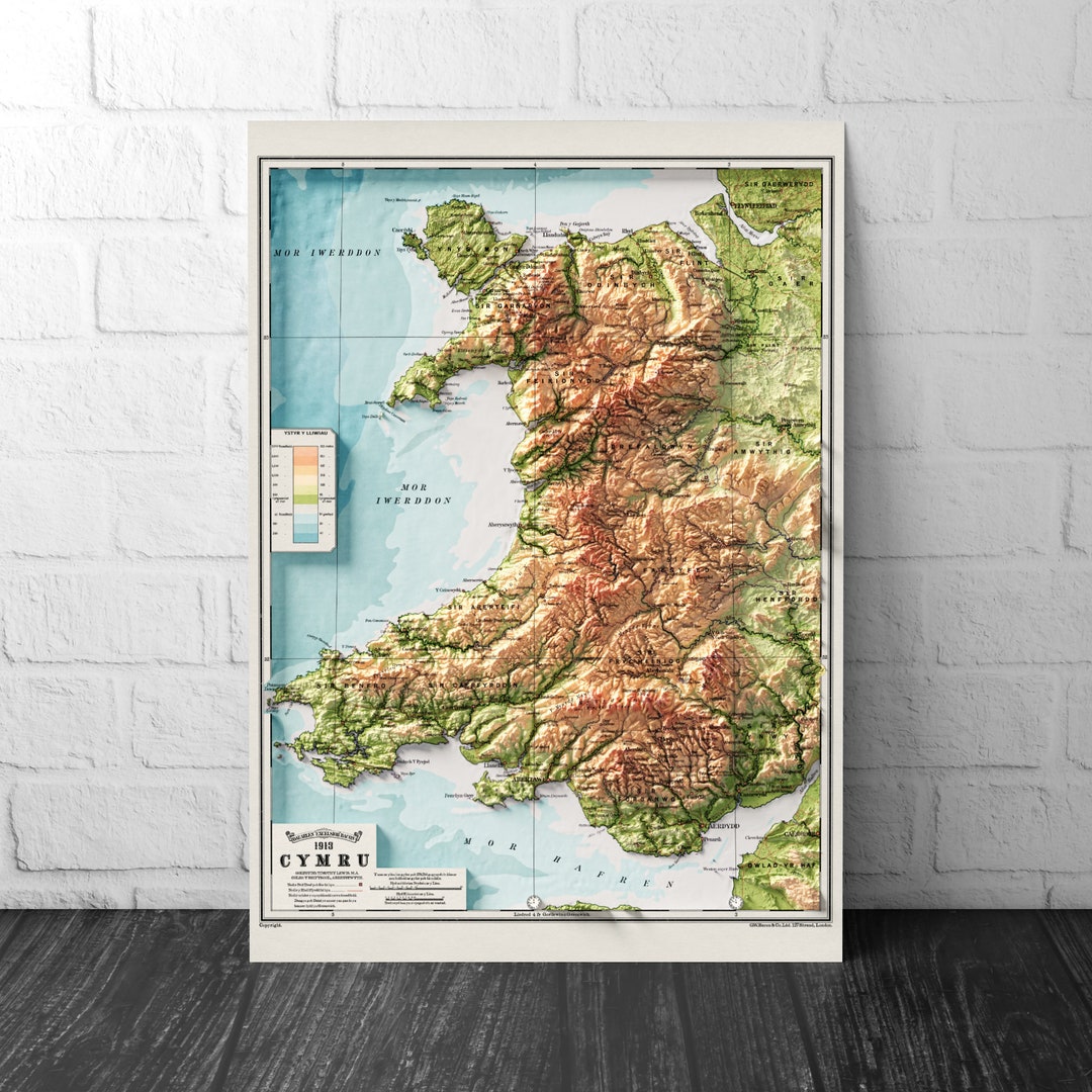 Wales Map Cymru Elevation Map 1913 2D Welsh Vintage Poster 3D Effect Shaded Relief Print - Etsy