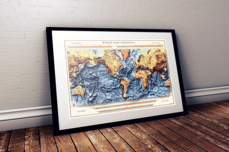 World Bathymetry - Shaded Relief Map - Detailed Topography - Vintage ...