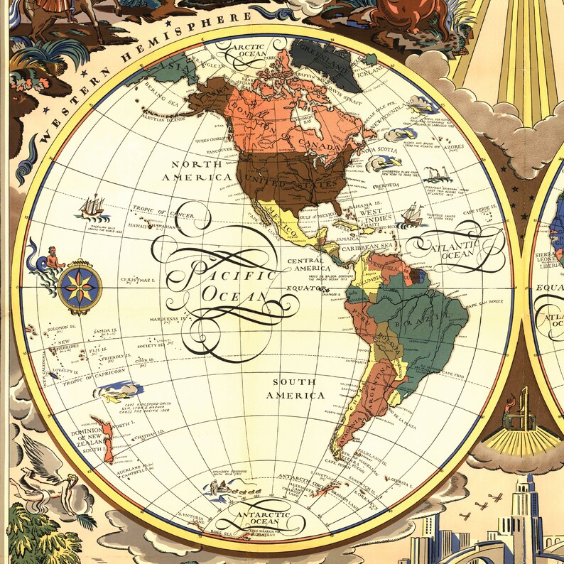The New Map of the World - Double Hemisphere World Map - Vintage Poster ...