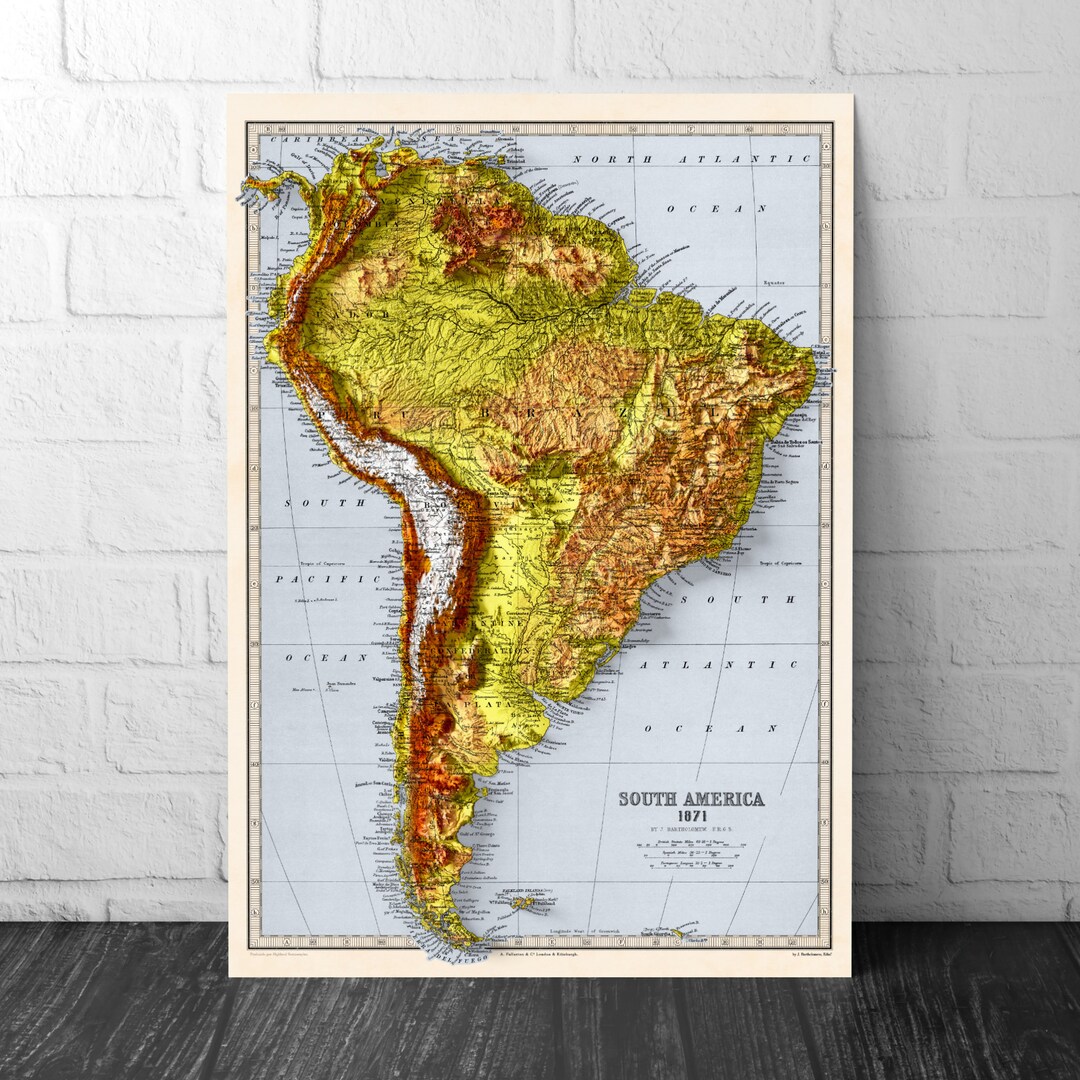 South America Map - Elevation Map - 2D Vintage Poster - Brazil - Etsy