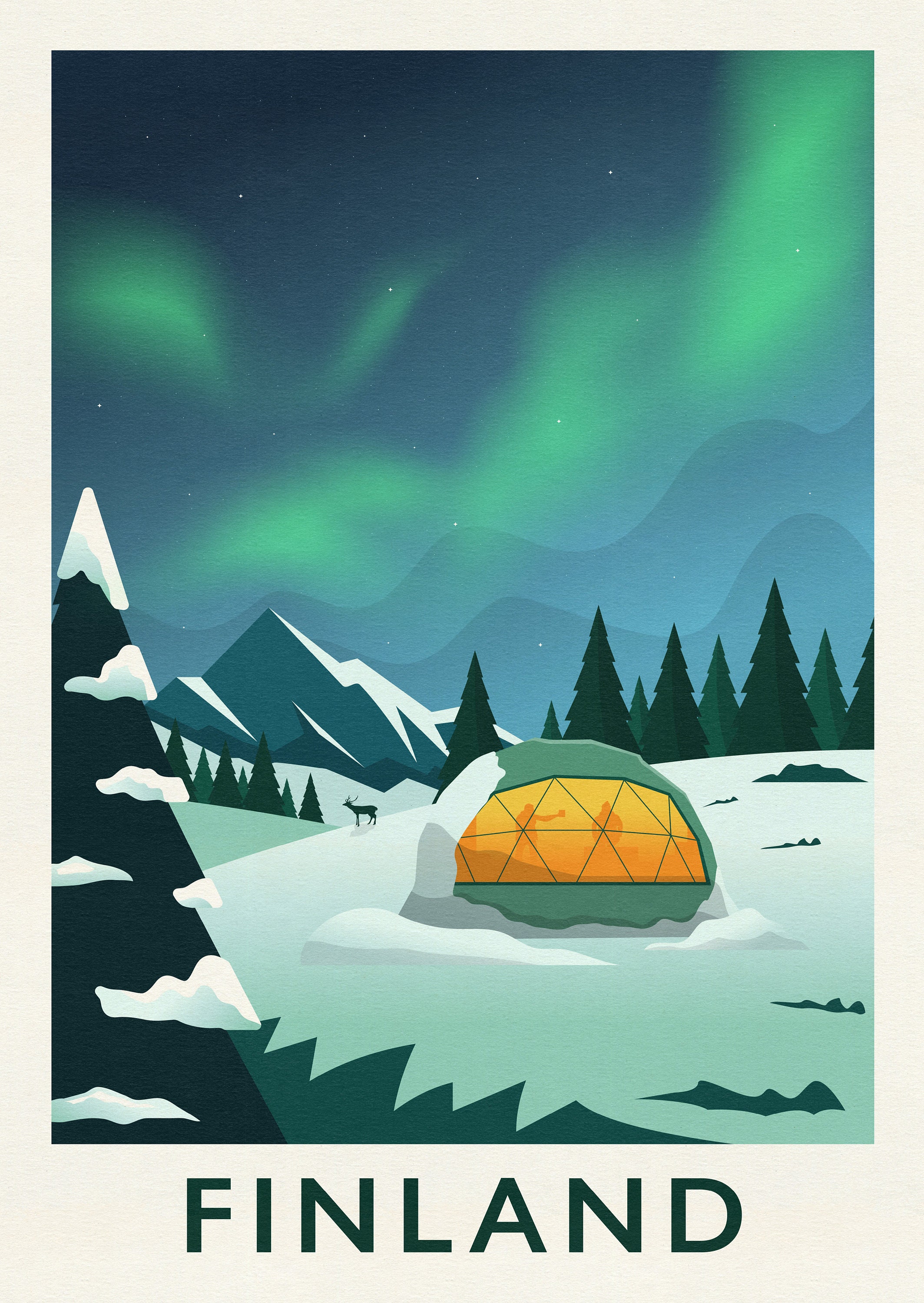 Finland Travel Poster Featuring the Northern Lights - Etsy UK