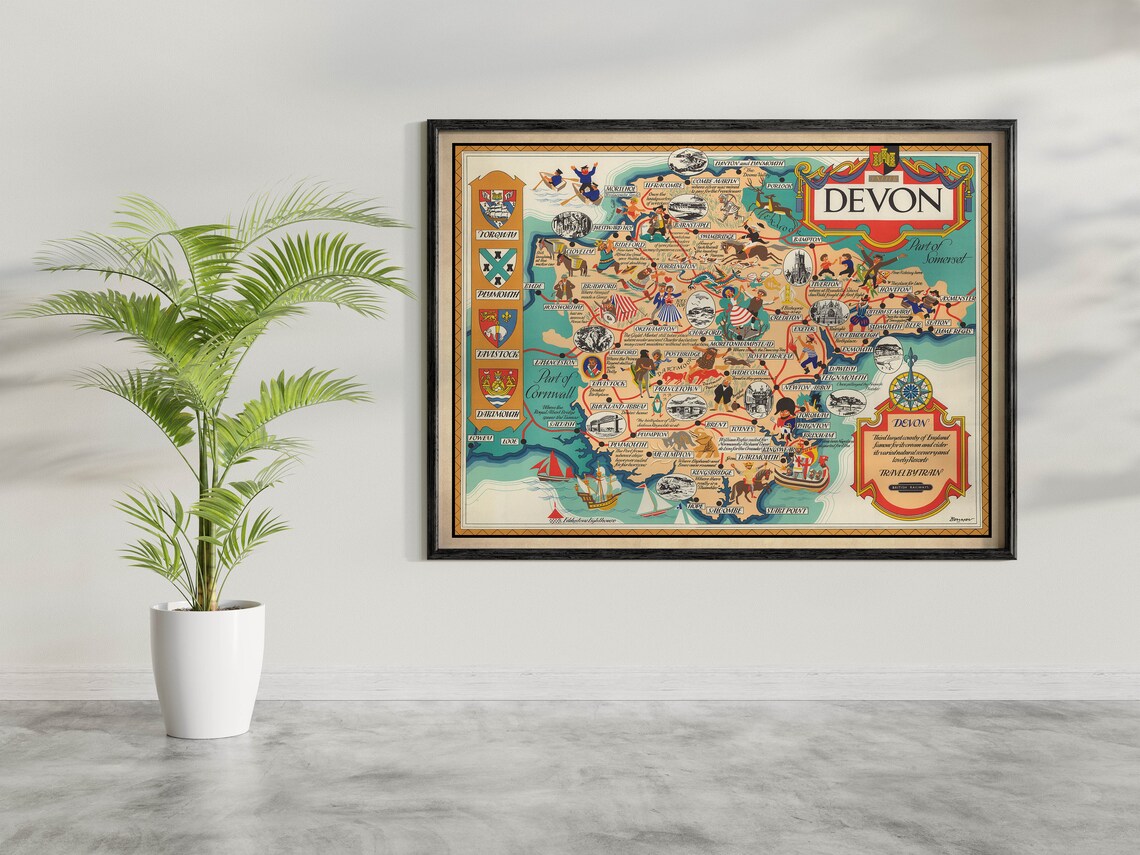 Devon Pictorial Map Vintage Antique 1950 Old Map Wall - Etsy UK