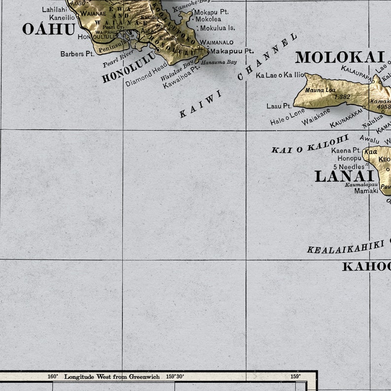 Hawaii Map - USA - 1901 Retro Print - 2d Shaded Map - Kauai - Maui ...