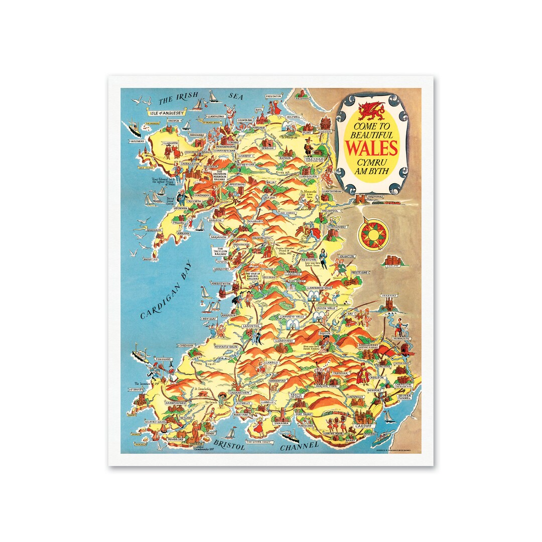 Wales Pictorial Map | Old Map Wall Print | Holyhead | Llandudno | Rhyl | Birkenhead | Swansea ...