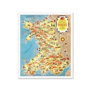 Wales Pictorial Map | Old Map Wall Print | Holyhead | Llandudno | Rhyl ...