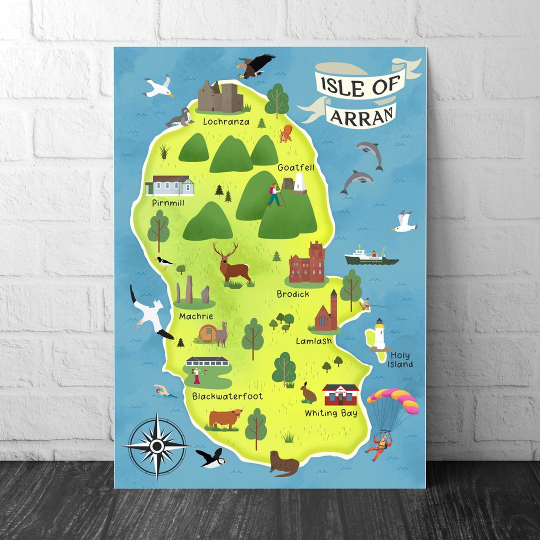 Isle of Arran Map | Pictorial Poster | Ayrshire | Lochranza | Brodick ...