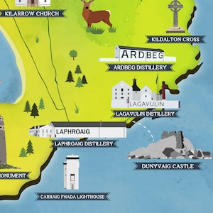 Isle of Islay Map | Pictorial Lighthouse Poster | Whisky Distilleries ...