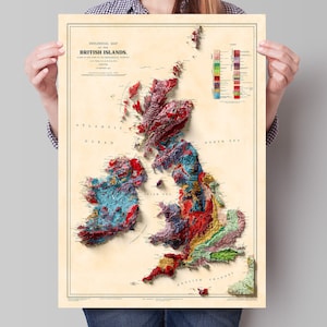 British Islands Geology Elevation Map - 2D Giclée Vintage United ...