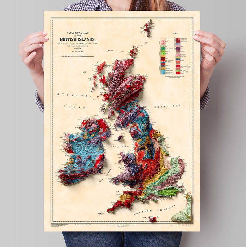 British Islands Geology Elevation Map - 2D Giclée Vintage United ...