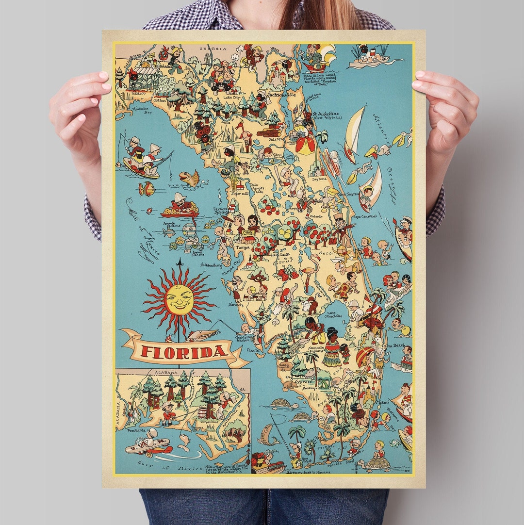 Florida Map Print / Vintage Style Map / Florida History / Wall Art ...
