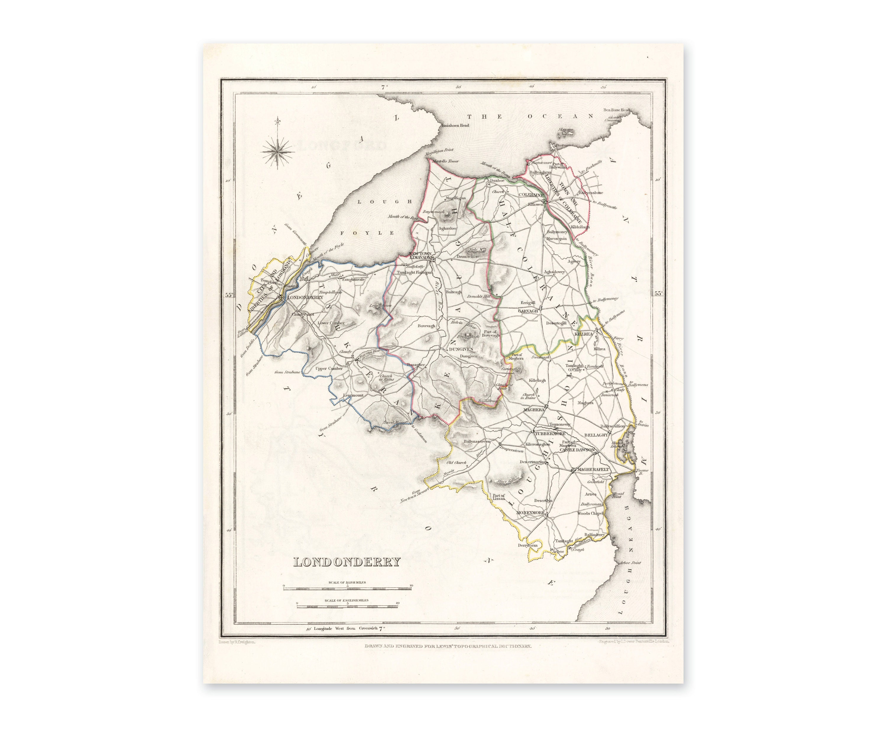 Ancient Map Derry Ireland Londonderry Map Old Antique Reproduction