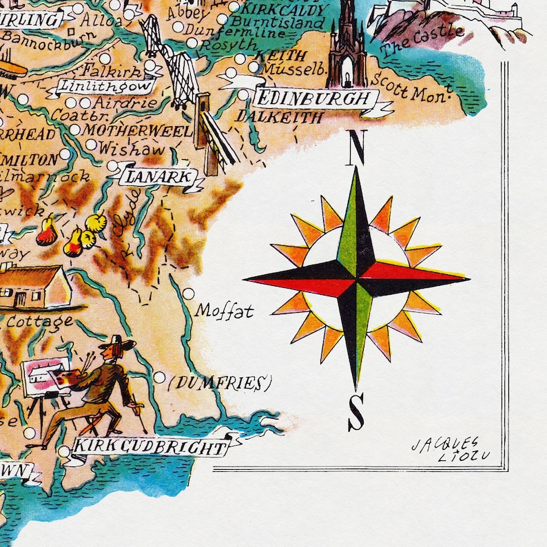 Pictorial Map of the Lowlands in Scotland - Edinburgh - Lanark - Ayr ...