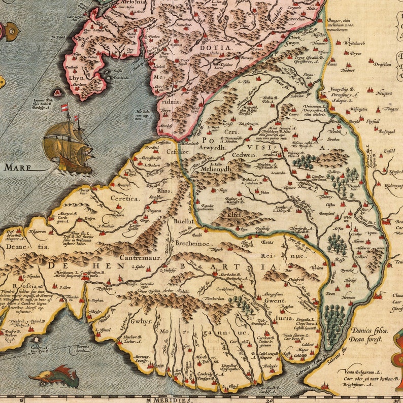 Old Map of the Wales, Cambriae Typus Auctore Humfredo Lhuydo ...