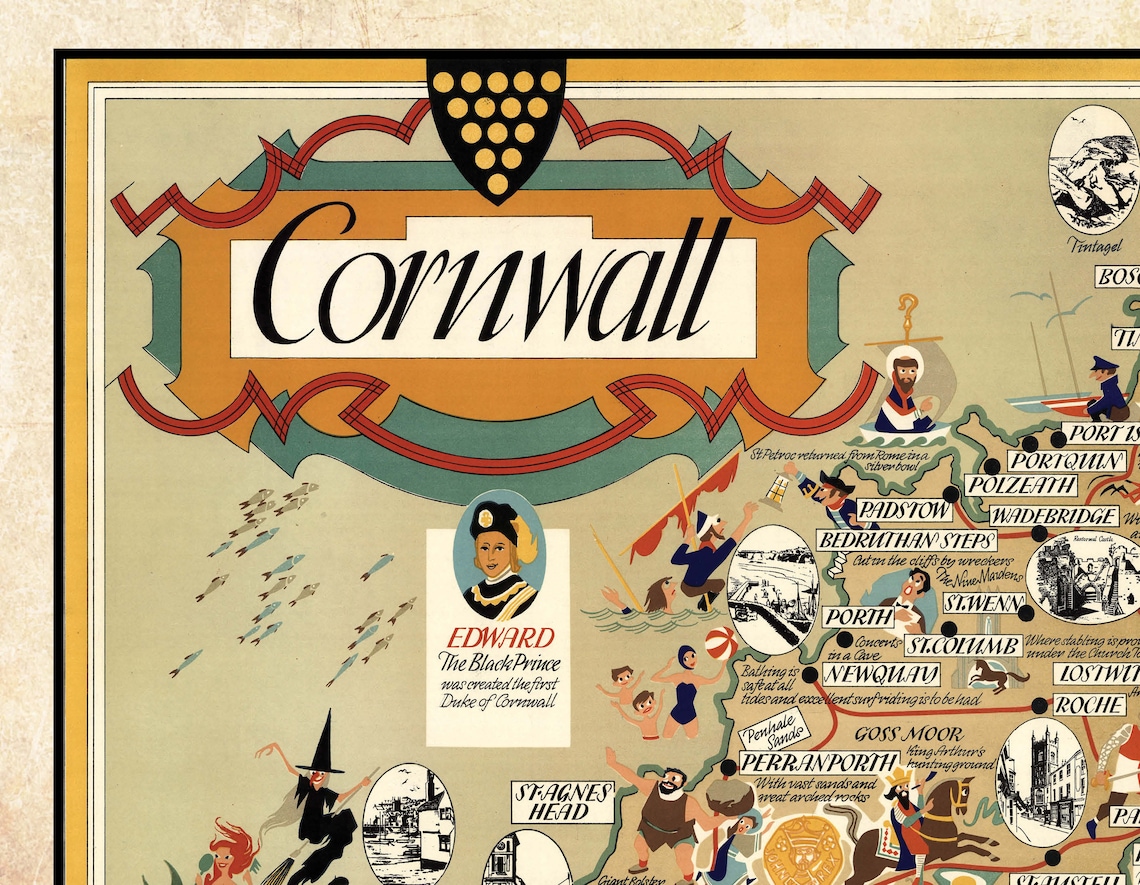Cornwall Pictorial Map Vintage Antique 1950 Old Map Wall | Etsy