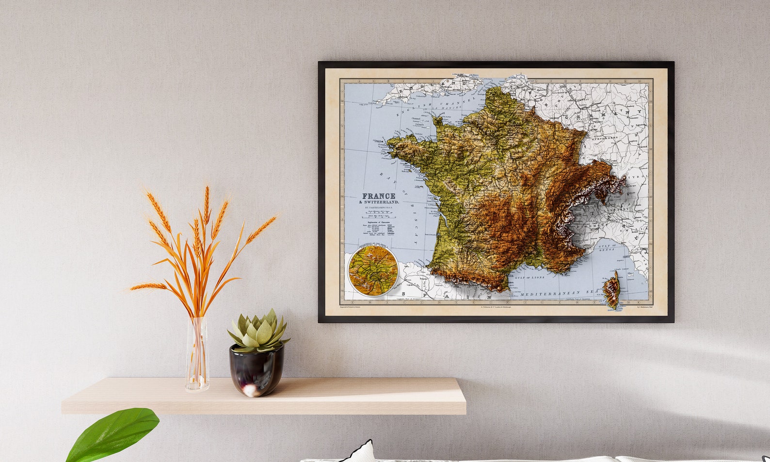 France & Switzerland Map - Elevation Map - 2D Vintage Poster - 3D ...