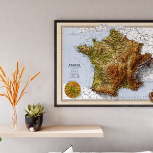 France & Switzerland Map - Elevation Map - 2D Vintage Poster - 3D ...