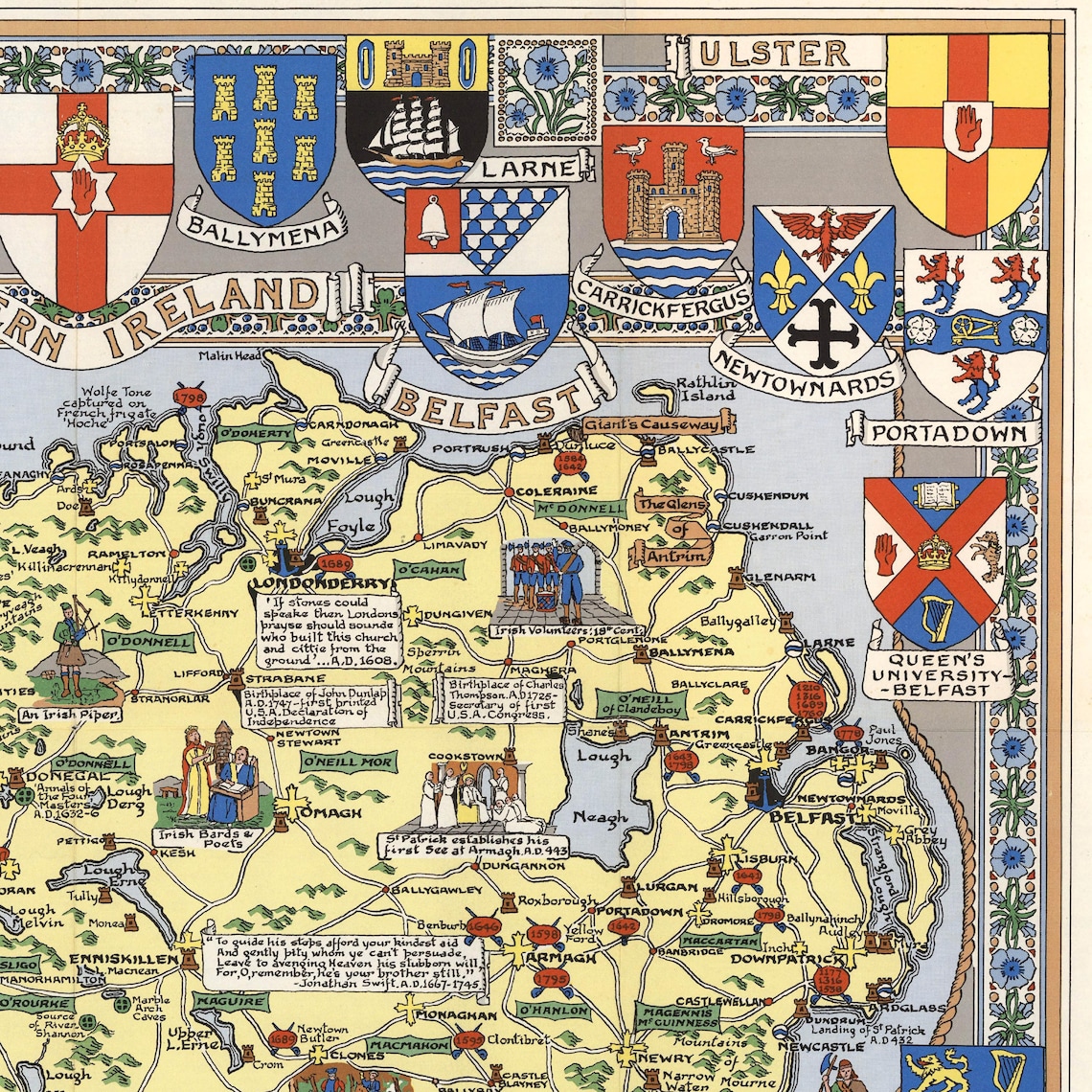 Historical Map of Ireland, Vintage Irish Map, 1969, Bullock Ireland Map ...