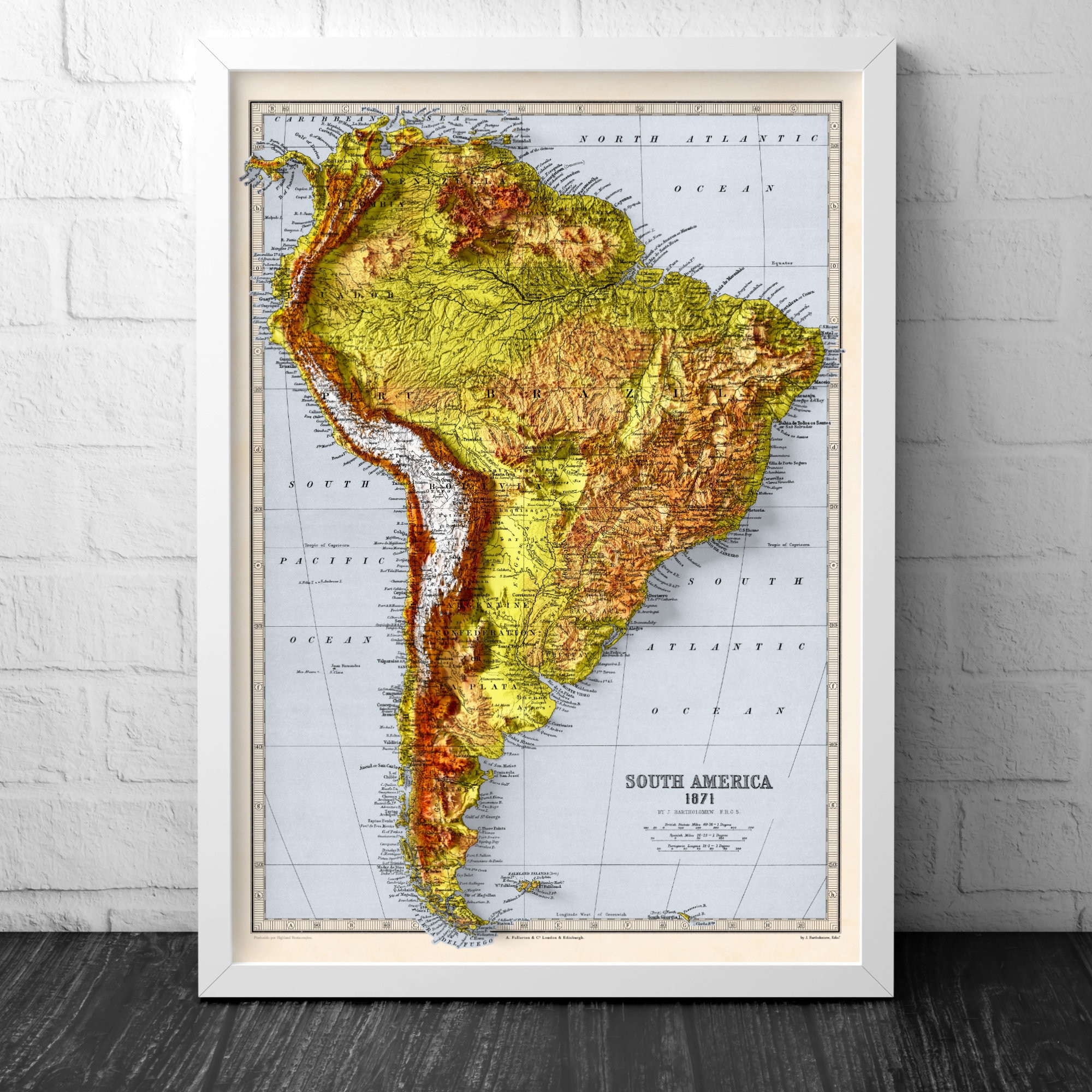 South America Map - Elevation Map - 2D Vintage Poster - Brazil - Etsy