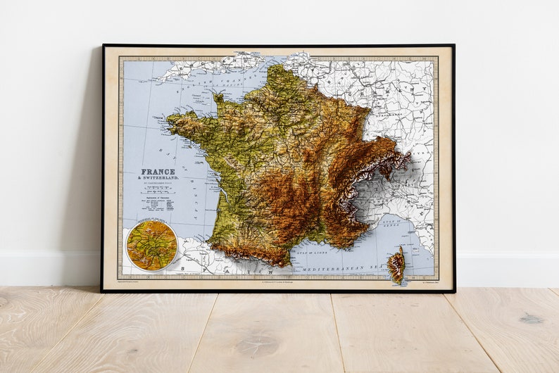 France & Switzerland Map Elevation Map 2D Vintage Poster - Etsy