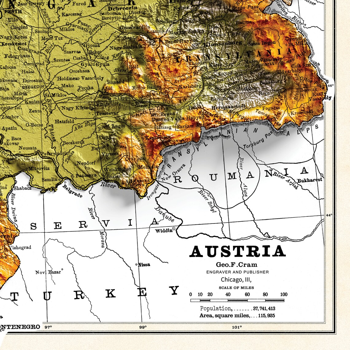 Austria Map - 2D Shaded Relief Map With 3D Effect - Bartholomew Print ...