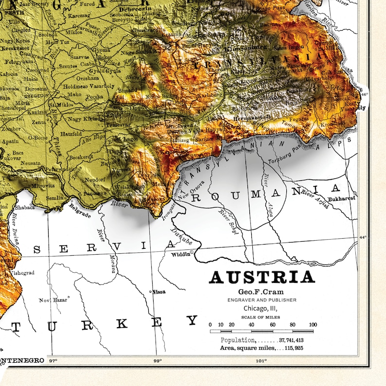 Austria Map - 2D Shaded Relief Map With 3D Effect - Bartholomew Print ...